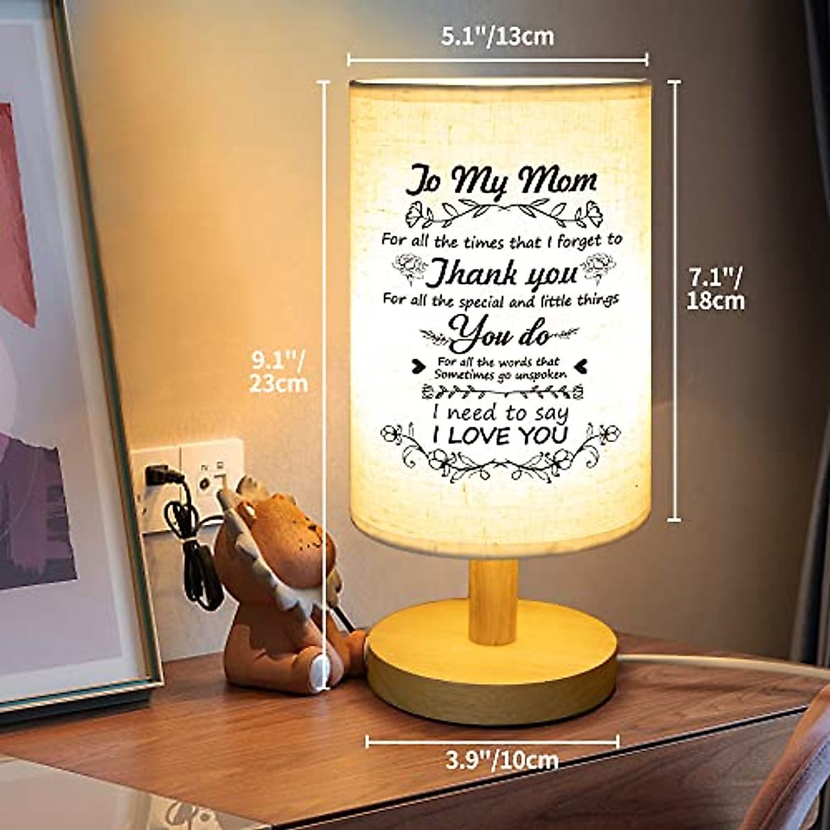 Funnli Gifts for Mom from Daughter Son - Mom Birthday Gifts - 9.1 Inch Fabric Wooden Desk Night Lamp Mom Gifts - Christmas Anniversary Birthday Gifts for Mom from Daughter