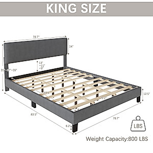 Fluest King Bed Frame with Adjustable Headboard Upholstered Bed Frame Platform Linen Fabric Headboard Wooden Slats Support/No Box Spring Needed/Easy Assembly/Mattress Foundation, Light Grey