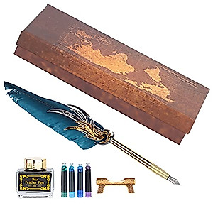 Tnfeeon Feather Pen, Vintage Feather Calligraphy Pen Quill Pen Set Student Writing Stationery with Ink Sac Romantic Valentine(navy blue)