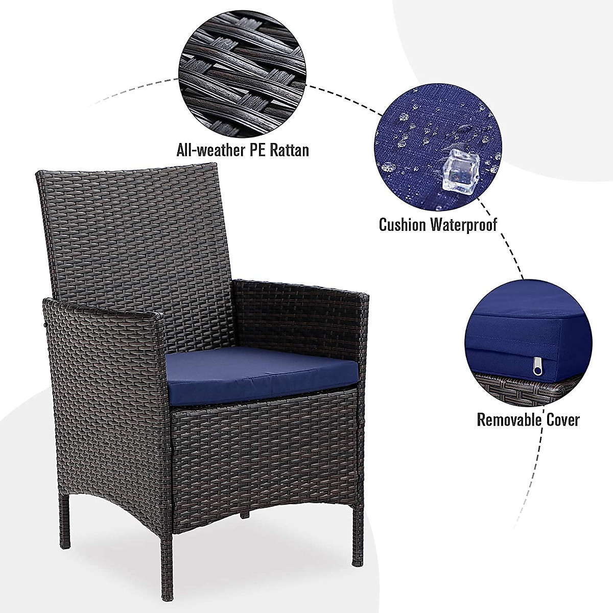 PHI VILLA Patio Wicker Chair Set of 2, Outdoor Modern PE Rattan Armchair with Removable Cushions for Deck, Porch, Balcony