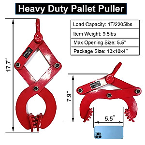Pallet Puller 1T/2205lbs Capacity Heavy Duty Steel Single Scissor for Pulling Pallets, Woods and Other Things Easily, 5.5 Inches Bigger Jaw Opening Pallet Grabber