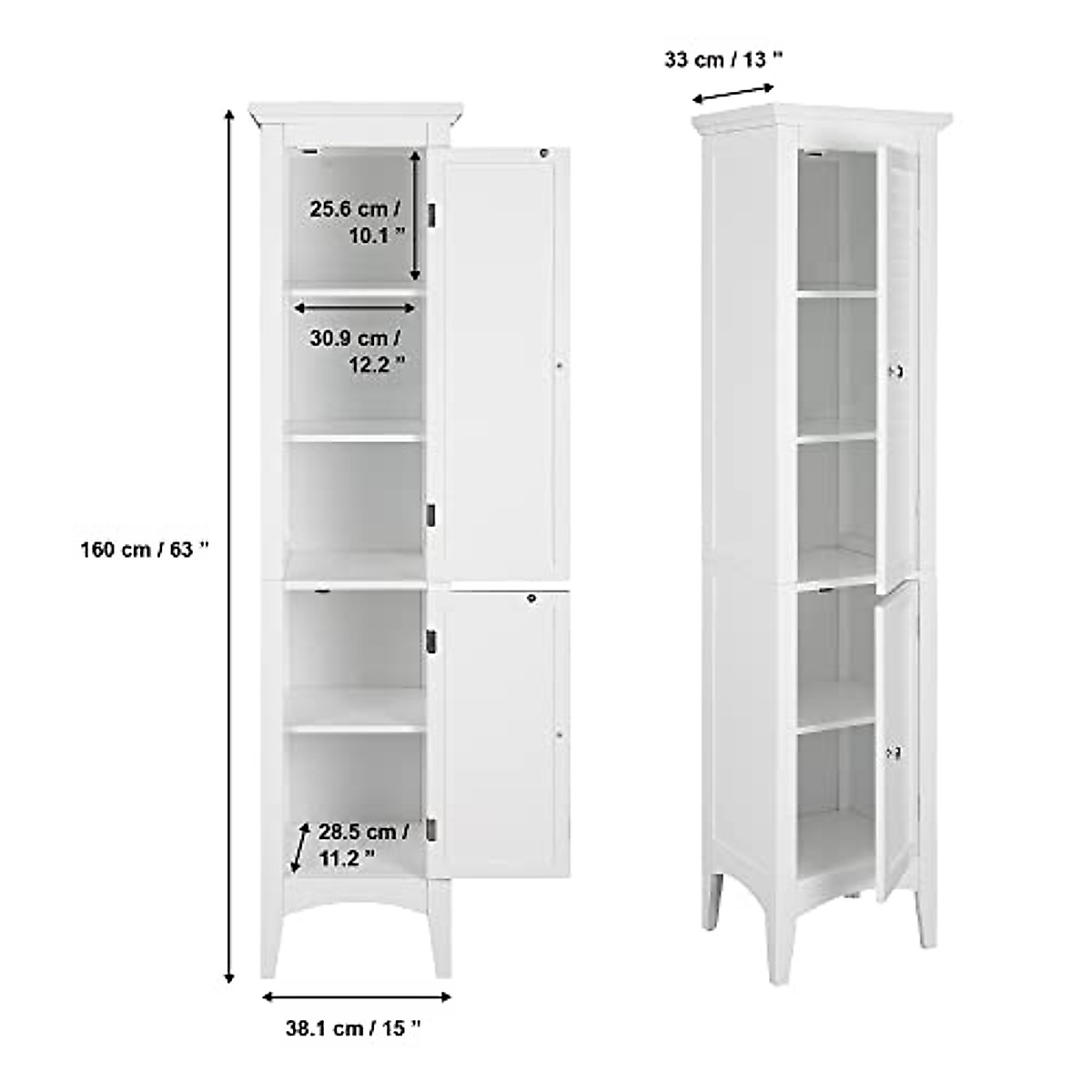 Elegant Home Fashions Glancy Linen Tower Freestanding Cabinet Tall Narrow Bathroom Kitchen Living Room Storage with 2 Shutter Doors 5 Tier Shelves, White, Standard