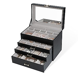 V-LAFUY Jewelry Organizer Box with Mirror, Large Jewelry Organizers and Storage, Jewelry Organizer for Rings Earrings Necklaces Glasses Bracelets Watches, Black Mirror