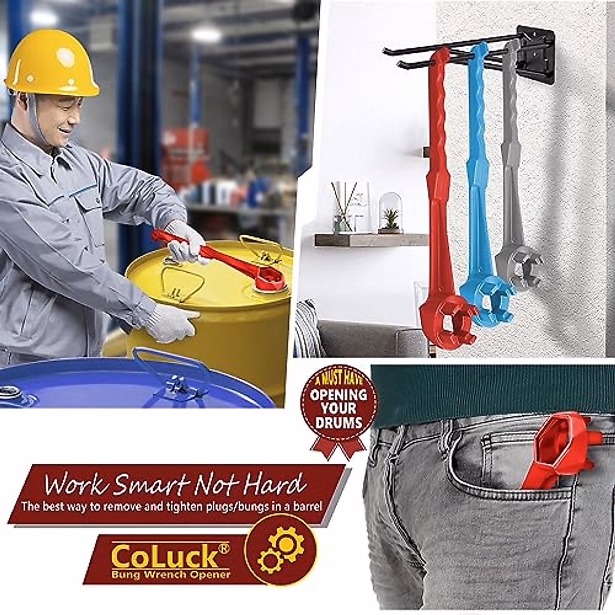 Bung Wrench, 3-in-1 Drum Wrench Upgraded, Aluminum Barrel Opener Tool for Opening 10 15 20 30 55 Gallon Drum, Fits 2" and 3/4" Bung Cap Red