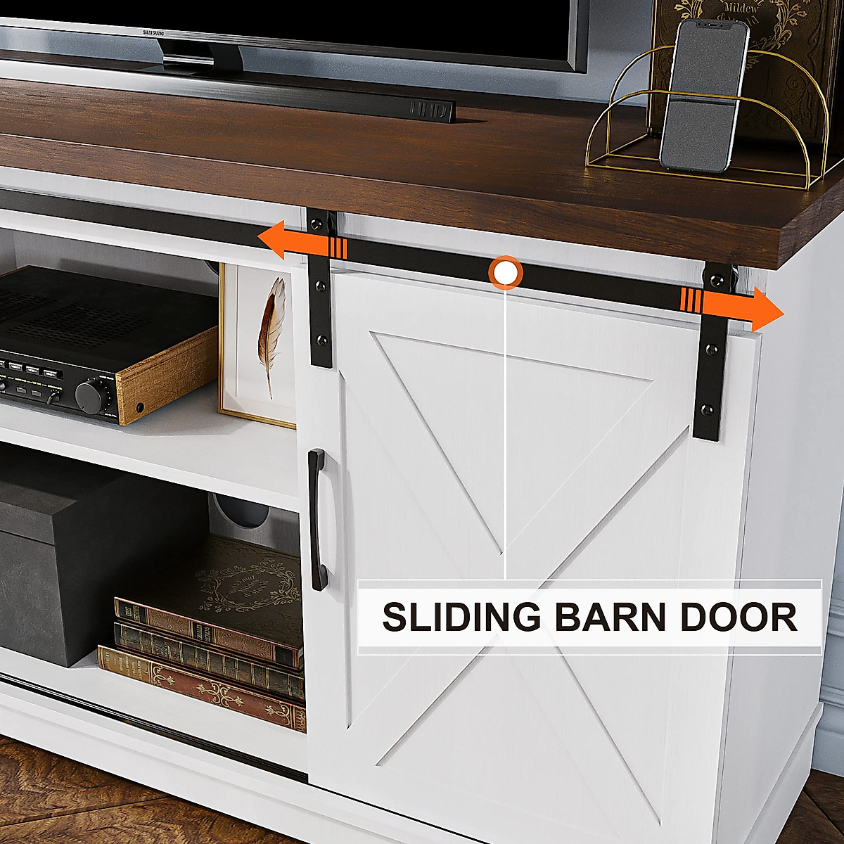 IDEALHOUSE Farmhouse TV Stand for 65 Inch TV, Entertainment Center with Storage and Sliding Barn Doors, Modern Media TV Console TV Stands for Living Room Bedroom (White)