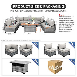 Rattaner 9-Piece Outdoor Sectional Wicker Furniture Set Patio Furniture Conversation Couch Set Large-size Storage Table with Thicken(5") Anti-slip Light Grey Cushions Furniture Cover