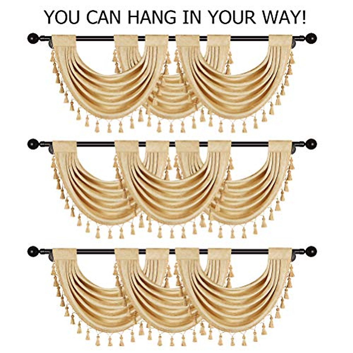 ELKCA Thick Chenille Waterfall Swag Valances for Living Room Gold Valance Window Curtains for Kitchen,Pack of 2 (Gold, 30" W x 22" L)