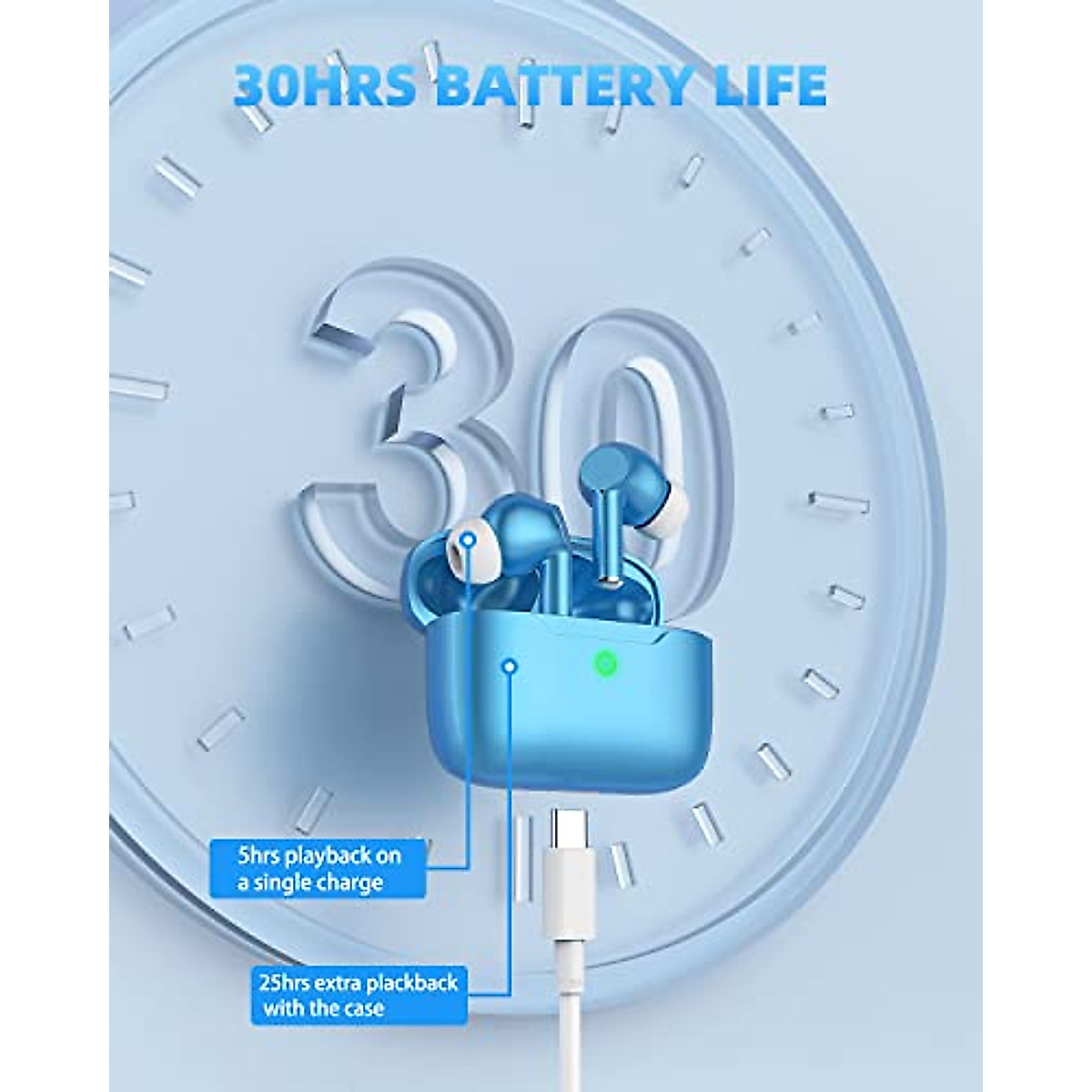 Wireless Earbuds Bluetooth 5.3 Headphones 30H Playback Clear Call Ear Buds Built-in 4-Mic ENC Noise Cancelling Bluetooth Earphones USB-C Charging Waterproof in-Ear Stereo Headphones for iPhone Android