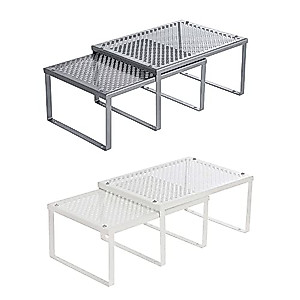 SONGMICS Cabinet Shelf Organizer and Kitchen Shelf Bundle, 4 Stackable Kitchen Cabinet Shelves, Expandable, White and Silver UKCS01WT and UKCS01SV