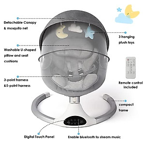 Baby Swing for Infants, Baby Rocker with 5 Point Harness, Bluetooth Support Baby Swing, 10 Preset Lullabies. 3 Speed Natural Baby Swing, Infant Swing with Remote Control and 3 Hanging Toys