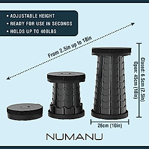 NUMANU New-Gen Collapsible Stool 2-Pack w/Carabiner Clips - Lightweight, Sturdy, Portable, Adjustable Telescoping Compact Folding Chair or Foot Rest for Travel, BBQ, Camping, Queue - Max 400lbs