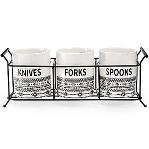 Bekith 3-Piece Ceramic Silverware Caddy with Metal Rack, Utensil Holder Flatware Caddy Cutlery Storage Organizer for Kitchen Table, Cabinet or Pantry, White
