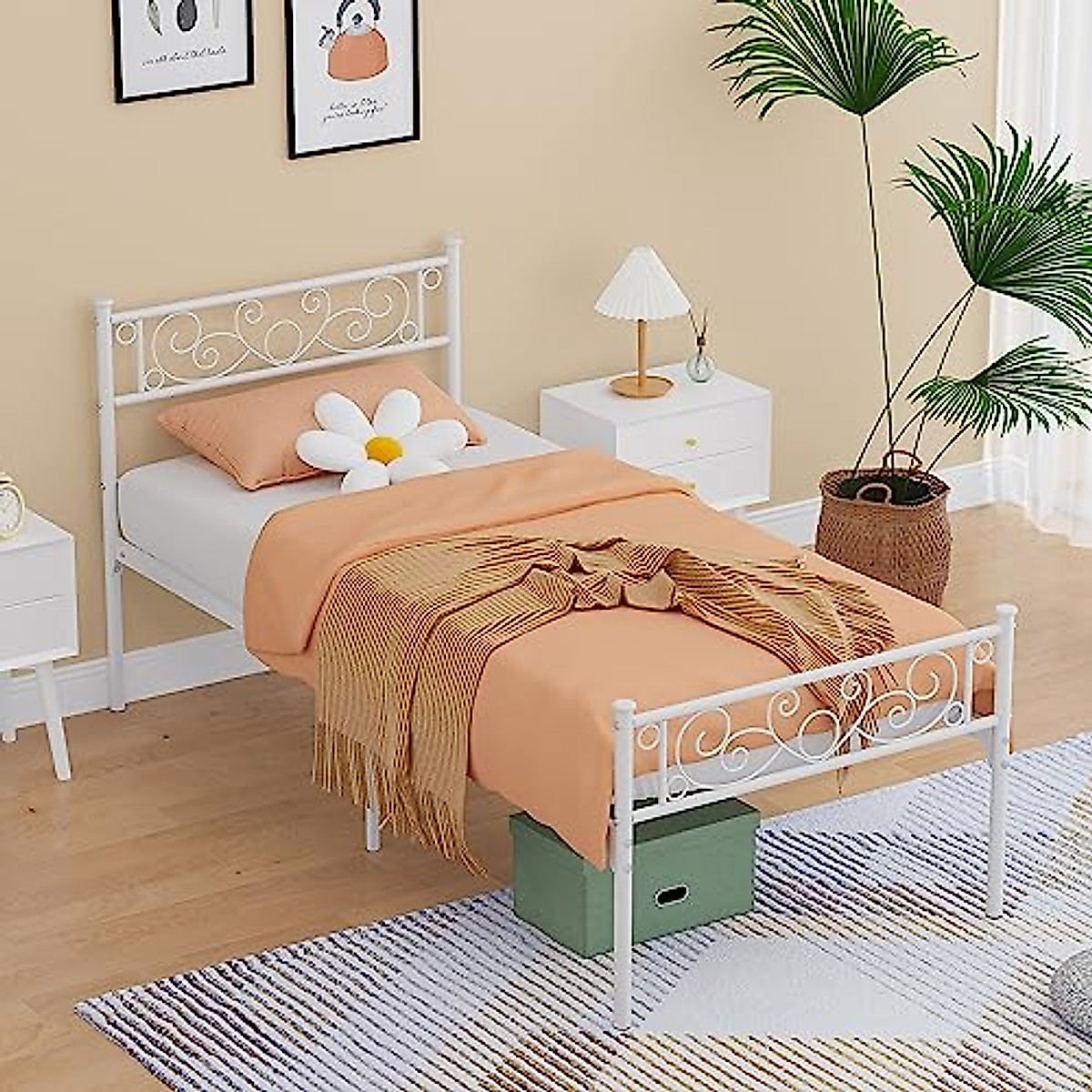 Elephance Twin Size Bed Frame with Headboard and Footboard, Metal Platform Bed Frame with 14 Inch Storage Space Mattress Foundation No Box Spring Needed for Girl Boy White