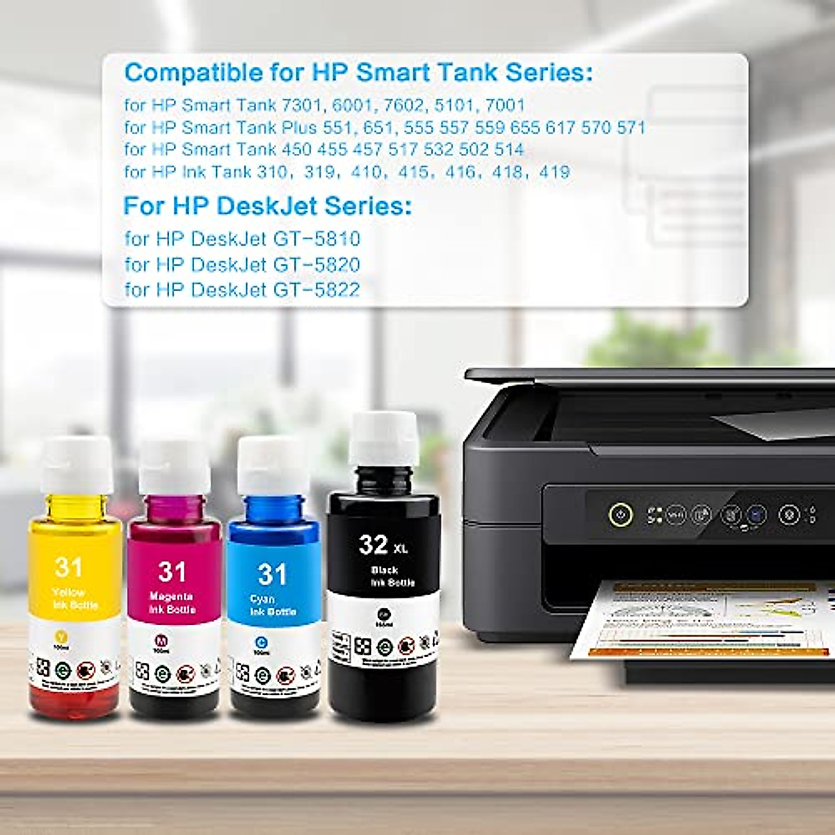 Topcolor Compatible Ink Bottle Replacement for HP 31 32XL Ink for HP Smart-Tank 7301 6001 7602 5101 7001 Plus 551 651 455 457 450 All-in-One Ink-Tank Printer, 165mL Black, 100mL Cyan Magenta Yellow
