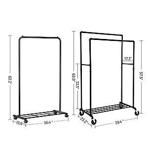 SONGMICS Clothes Rack on Wheels and Clothing Rack Bundle, Heavy Duty Garment Racks with Shelves, Steel, Closet Organization Storage, Black UHSR25BK and UHSR60B