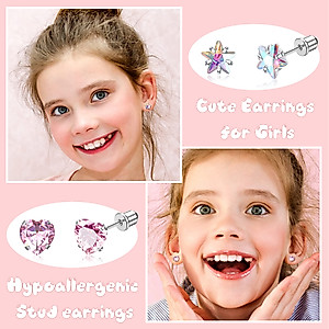 YADOCA 14 Pairs Hypoallergenic Screw Back Earrings for Girls Women Surgical Steel Tiny CZ Pearl Ball Heart Flower Screwback Earrings Studs Set Multicolored Pink