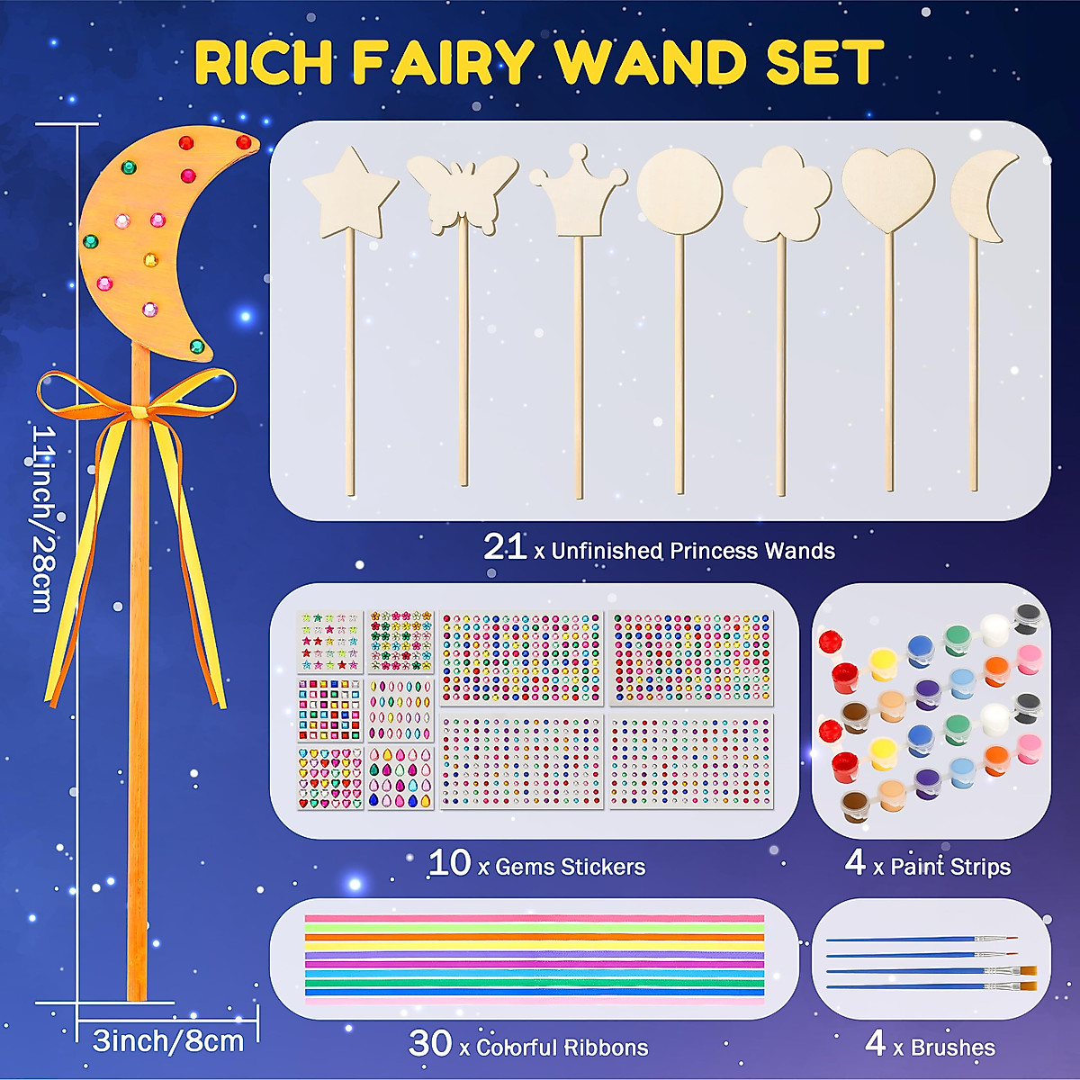 Pllieay Princess Fairy Wand Kit Includes 21 Unfinished Wooden Princess Wands Gem Stickers Ribbons and Paint, DIY Princess Wand Crafts for Princess Party Favors Fairy Birthday Party