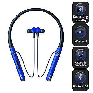 Neckband Bluetooth Headphones Wireless Earbuds 50H Continuous Working Time IPX5 Lightweight Foldable Sports Earphones with Built-in Mic HD Call Noise Cancelling for Trucker Workout (Blue), AK01-03