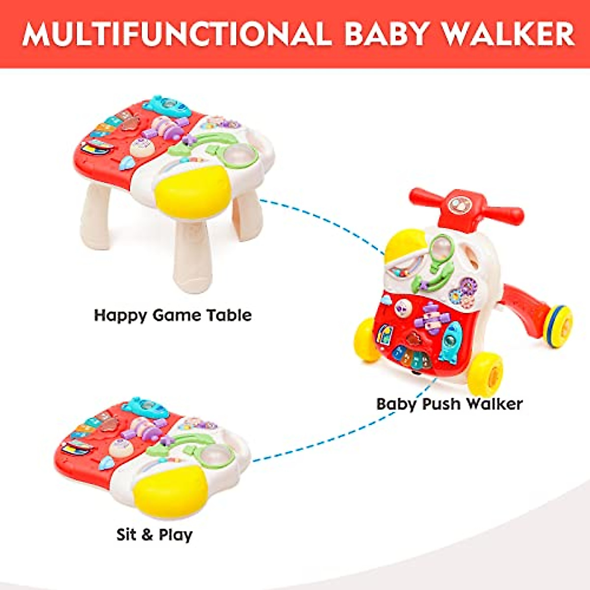 Baby Walker Sit-to-Stand Learning Walker Kids Activity Center Entertainment Table Lights & Sounds & Music & Rotating Gear & Rocket Rattle & Steering Wheel Educational Push Toy for Babies Toddlers(Red)
