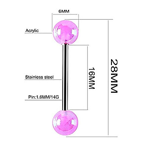 Tanyoyo 14G 18 Pcs Colorful Ball Tongue Rings Stainless Steel Barbell Tongue Straight Ring Retainer Nipple Ring Bar Length 16mm For Women Men (18PCS Colorful)
