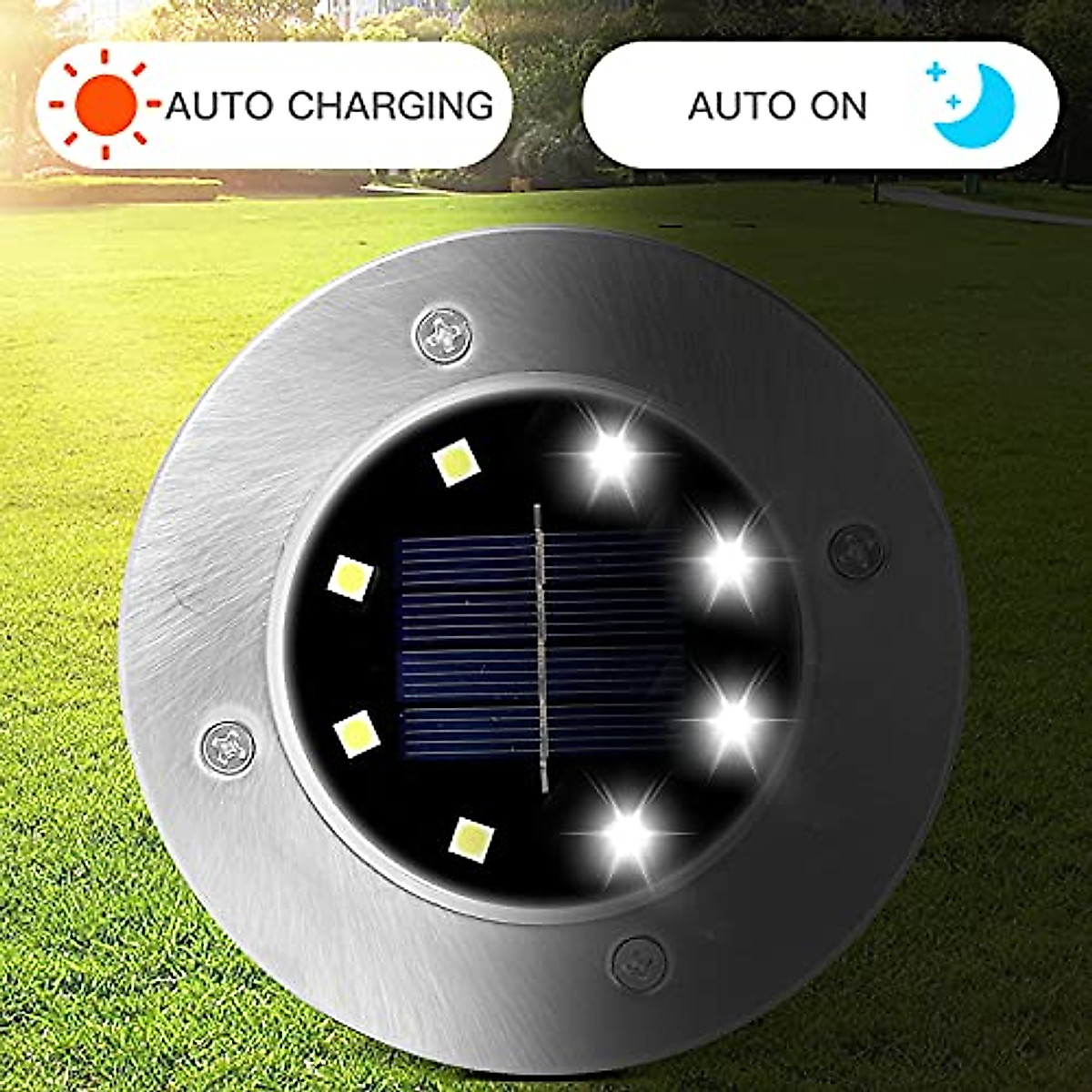 SEVNNES Solar Ground Light 12 Packs, Solar Ground Light Outdoor Waterproof 8 LED Disk Lights for Yard Landscape Lawn Walkway Garden(Cold White)