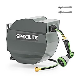 SPECILITE Retractable Heavy Duty Garden Hose Reel, 1/2" X 66 + 5 FT 2 Year Anti-Fading Wall Mounted Hose Reel, Smooth Automatic Rewind, 9 Pattern Sprayer, 180° Swival Bracket, Any Length Lock