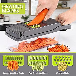 Ourokhome Vegetable Chopper, Onion Chopper, 12 in 1 Professional Mandoline Slicer for Kitchen, Multifunctional Food Chopper Cutter for Potato, Tomato, Veggie with 8 blades and Filter Basket (Gray)