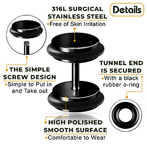 BIG GAUGES 2 Pairs of Black Anodized Steel 16g Gauge 1.2mm Fake Size 8mm Piercing Ear Stretcher Cheater Earring Illusion Plugs BG7248