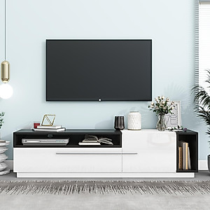 Merax Two-Tone Design Stand with Silver Handles, UV High-Gloss Media Console for Television Up to 70", Chic Style TV Storage Cabinet for Living Room, 66.8 inch Length, White