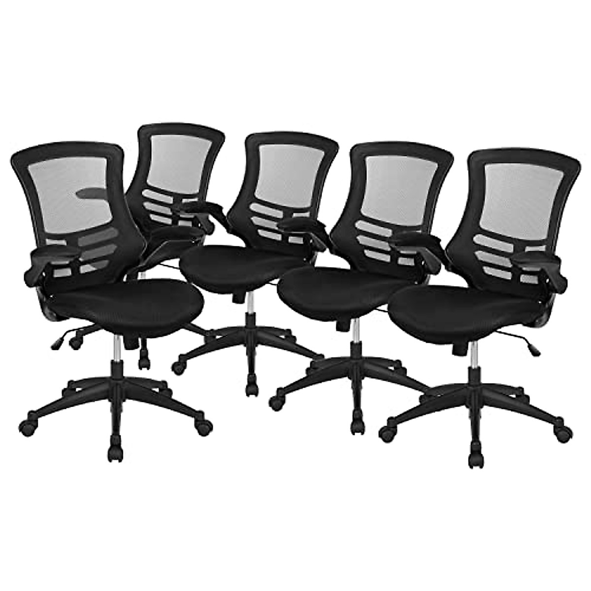 Flash Furniture Kelista Mid-Back Swivel Ergonomic Task Office Chair with Flip-Up Arms, BIFMA Certified-Set of 5, Black Mesh