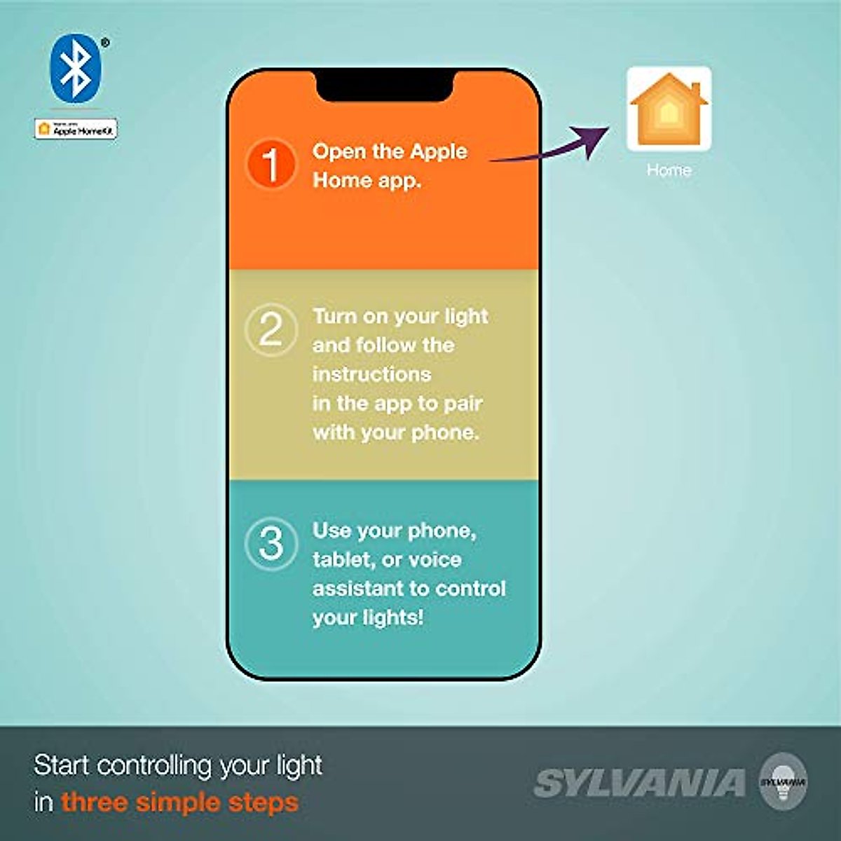 SYLVANIA Smart Bluetooth LED Light Bulb, A19 60W Equivalent, Efficient 10W, Works with Apple HomeKit, RGBW Full Color and Adjustable White, No Hub Required - 1 Pack