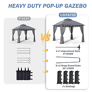 UDPATIO 11x11 Pop Up Gazebo Canopy Tent, Patio Outdoor Gazebo Tent with Mosquito Netting Outdoor Canopies for Shade and Rain for Lawn, Garden, Backyard and Deck, Grey