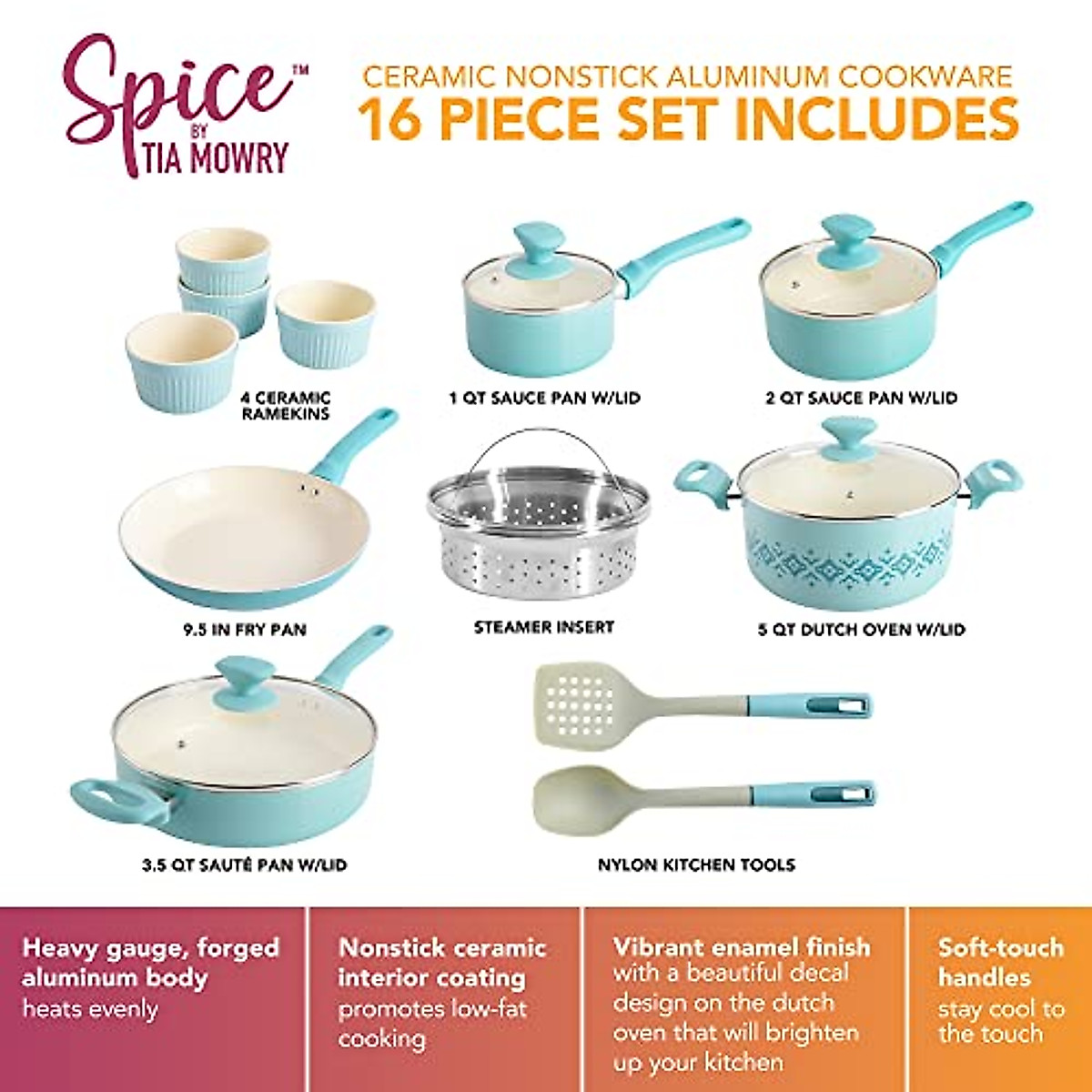 Spice by Tia Mowry Savory Saffron 16-Piece Healthy Nonstick Ceramic Cookware Set - Aqua Blue