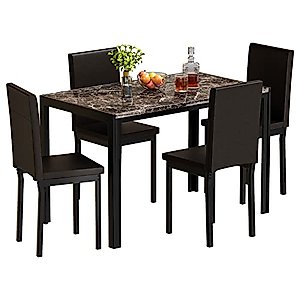 AWQM Dining Table Set for 4, Modern Kitchen Table and Chairs Set, Faux Marble Tabletop and 4 PU Leather Upholstered Chairs Dining Set for Living Room, Kitchen, Dining, Compact Space - Brown