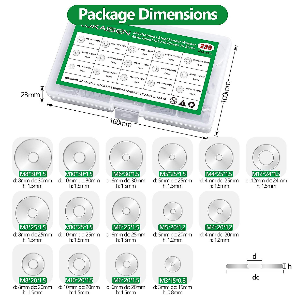304 Stainless Steel Large Fender Washers Assortment Kit, 230 Pieces 15 Sizes – M3 M4 M5 M6 M8 M10 M12 Suitable for Furniture Installation, Ship Car Assembly, DIY Project, Electrical Connections