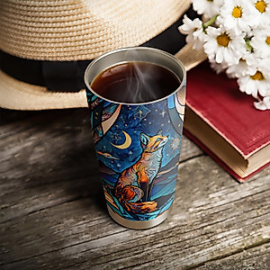 20oz Starry Moonlight Night Fox Tumbler, Gifts for Fox Lovers, Coffee Thermos for Women, Stainless Steel Double Wall Vacuum Insulated Coffee Mug, Travel Cup with Lid