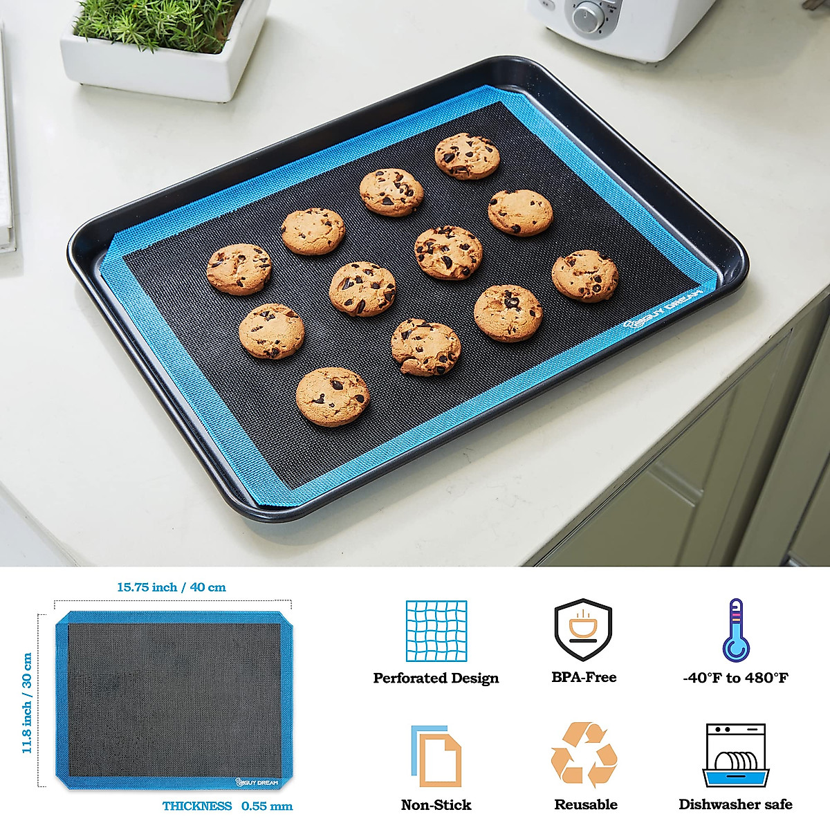 2PCs GUY DREAM Perforated Silicone Baking Mat 11-4/5" x 15-3/4" - Eclair Mat for Baking - Steaming Mesh For Half Size Cooking Sheet - Non-Stick Reusable Oven Liner