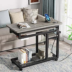 Tribesigns Small Portable Desk with Power Outlet, Height Adjustable Sofa Couch Bedside Laptop Table with Wheels, Mobile Standing Desk Rolling Computer Cart C Side Table with USB Ports