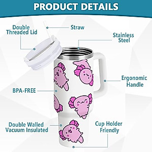 DIGTIA Stainless Steel Insulated Tumbler w/Handle & Straw, Axolotl Cute Double Wall Vacuum Travel Coffee Mug Cup w/Lid, Leak-Proof Sports Pink Water Bottle,30oz