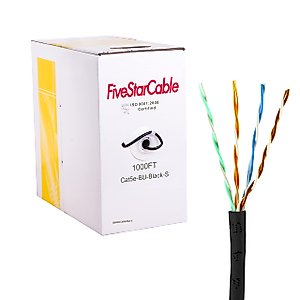 FiveStarCable Bulk Cat5e Outdoor Black 24AWG 1000 Ft Cable, Direct Burial, 350 Mhz, UV Rated Unshielded UTP Ethernet Router LAN Network CCA Easy Pull Box Cable