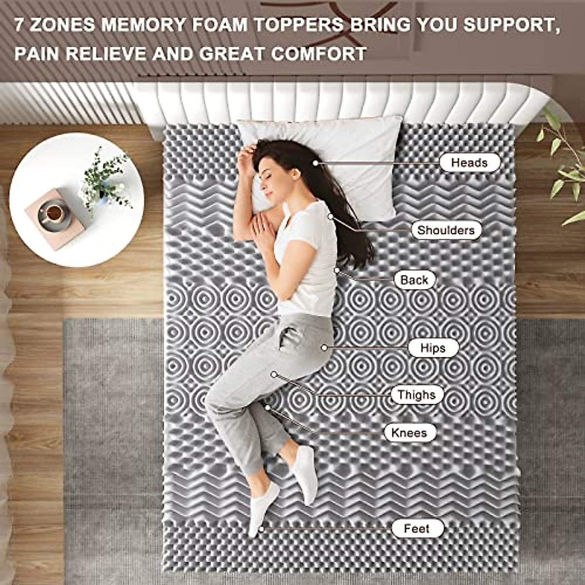 UniPon 3 Inch Egg Crate Memory Foam Mattress Topper, Charcoal Infused Mattress Topper, 7 Zones Foam Bed Topper, CertiPUR-US Certified (Queen)