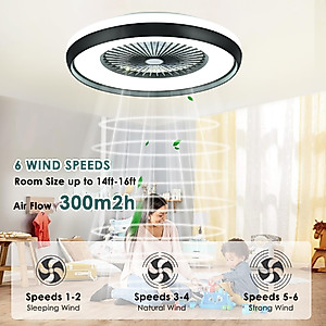 HUMHOLD 24" Low Profile Ceiling Fans with Lights - Smart Bladeless Ceiling Fan with Voice/APP Control Dimmable Color Chaning LED-RGB Back Ambient Light, Flush Mount Ceiling Fans Black