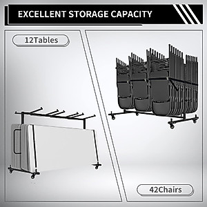 Folding Table and Chair Cart, Folding Chair and Table Storage Rack with 400LBS Capacity for 42 Folding Chairs Heavy Metal Folding Chair Dolly Holder Rack with Rubber Locking Wheels,Straps and Cover
