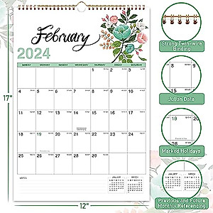 2024 Wall Calendar - Calendar 2024, Monthly Calendar from Jan. 2024 - Dec. 2024, 12'' × 17'', Vertical Calendar 2024 Monthly with Twin-Wire Binding, Large Writing Block, Perfect for Planning and