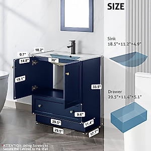 eclife 30" Bathroom Vanity Cabinet Sink Combo Set with Kitchen Base Design, Painted Solid Wood Construction Cabinet with Single Ceramic Sink, Double-Doors and Drawers, Shaker Style, Navy Blue