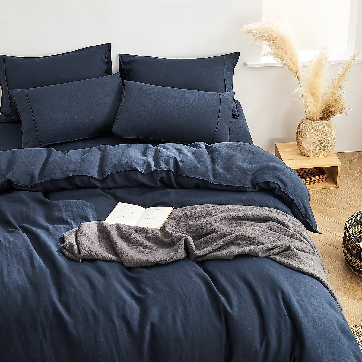 Linen Duvet Cover Queen Linen Bedding 100% French Natural Flax with Stone Washed YKK Zipper Closure High Thread Counts (1 Duvet Cover 2 Pillow Shams Queen Navy)