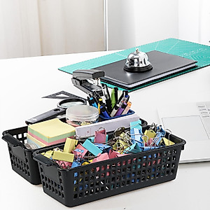 Bringer 6-Pack Slim Plastic Storage Baskets, Black Plastic Rectangle Storage Baskets