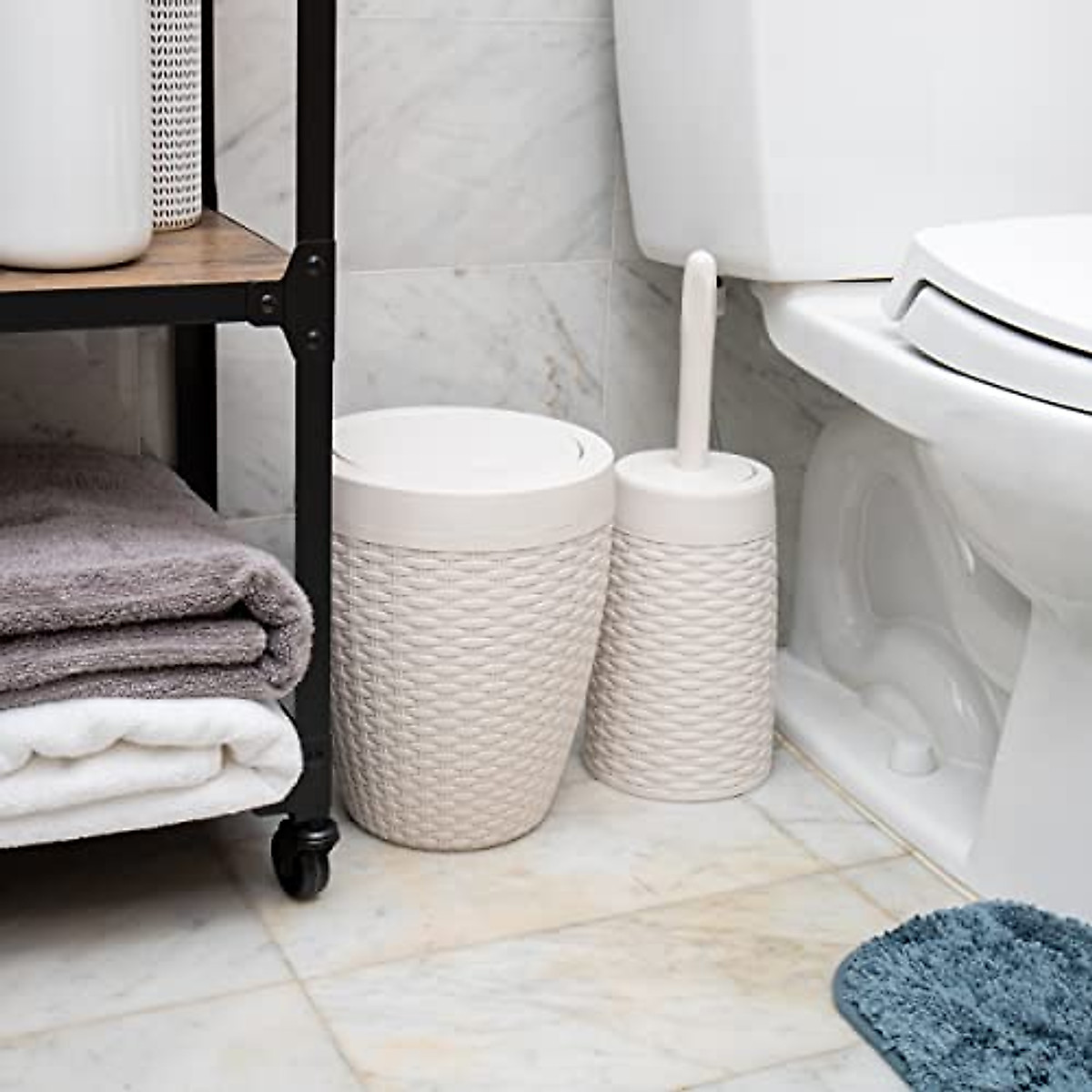 Mind Reader Basket Collection, Round Wastepaper Basket and Toilet Brush Set, Premium Wicker Design, 2 Piece Set, Swivel Lid Bin is 8.75"W x 11.25"H, Brush is 15.25"H, 8.75"L x 8.75"W x 11.25"H, Ivory