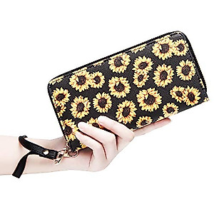 KUKOO Women’s Printed Zip Around Wallet Phone Clutch Purse Card Holder Organizer (Yellow -daisy-1)