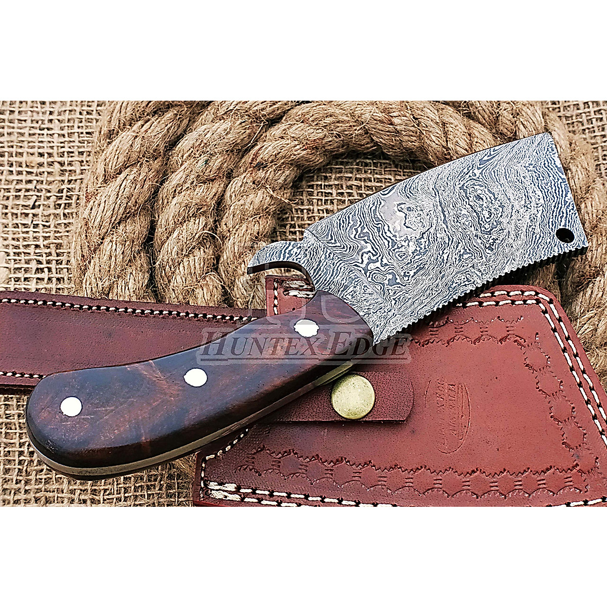 HUNTEX Handmade Hand-Forged Twist Pattern Damascus Steel 9 Inch Long Full Tang Walnut Wood Handle Razor Sharp Hunting Camping Cleaver Knife w/Genuine Leather Sheath